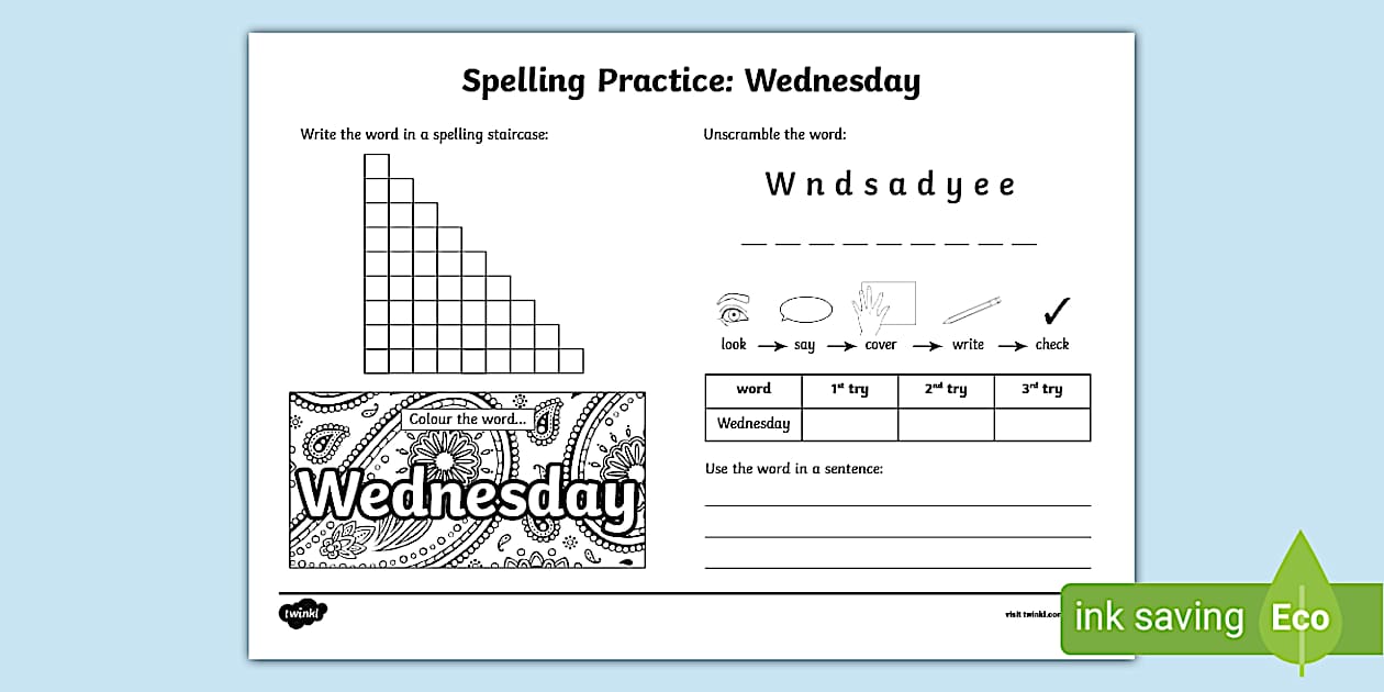 Wednesday Spelling Practice Worksheet (teacher made)