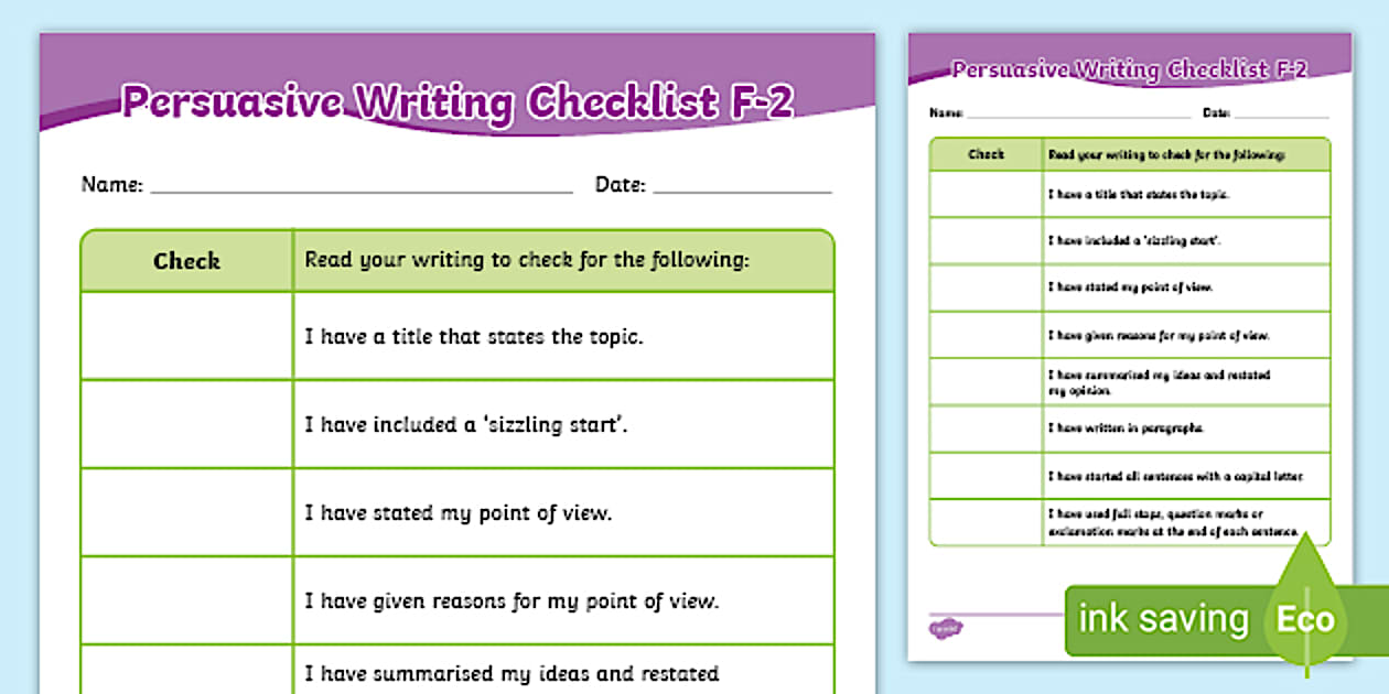 F-2 Persuasive Writing Checklist (teacher made) - Twinkl