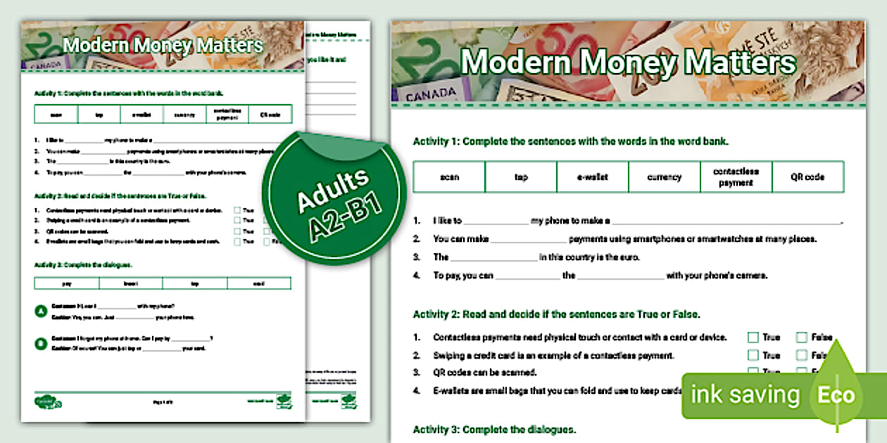 ESL Modern Money Activity Sheet [Adults, A2-B1] - Twinkl