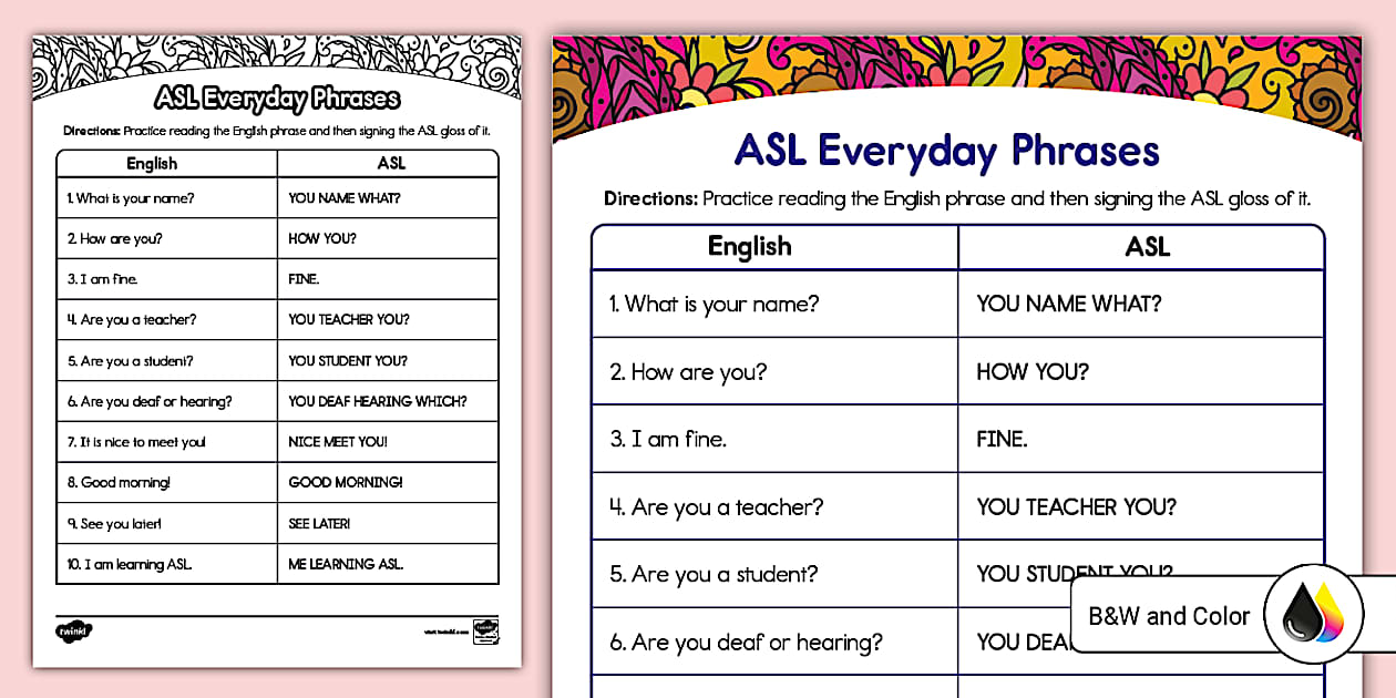 ASL Everyday Phrases Handout (teacher made) - Twinkl