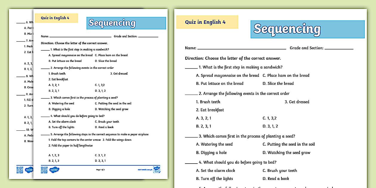 Grade 4 English Quiz (Sequencing) (teacher made) - Twinkl