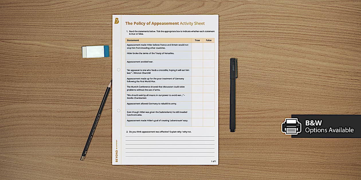 The Policy of Appeasement Activity Sheet (teacher made)