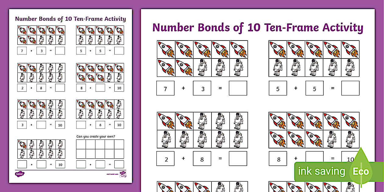 Number Bonds to 10 Space Ten-Frame Activity (teacher made)