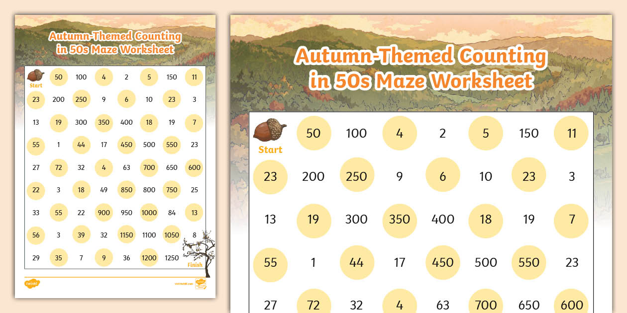 👉 Autumn-Themed Counting in 50s Maze Worksheet - Twinkl