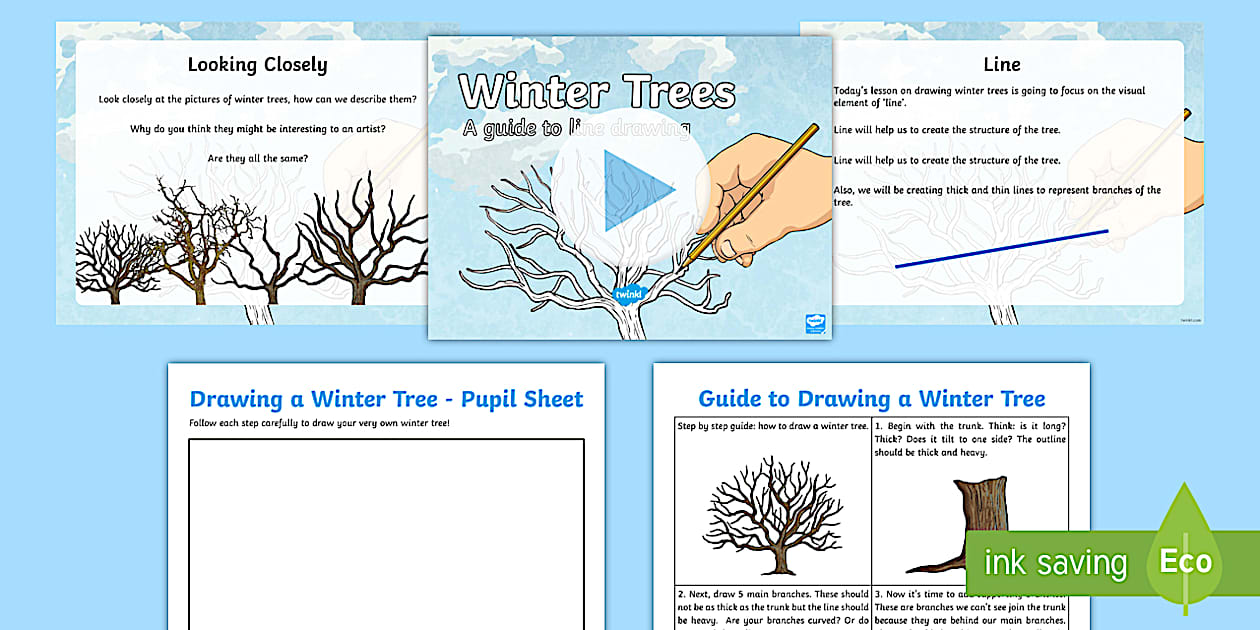 Second Winter Art Lesson 1: Drawing Trees Guide Activity Pack - -Scottish