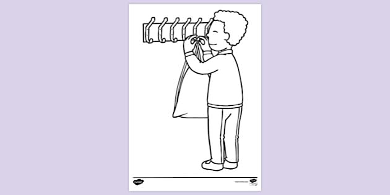Boy Getting PE Kit From Cloakroom Colouring Sheet - Twinkl