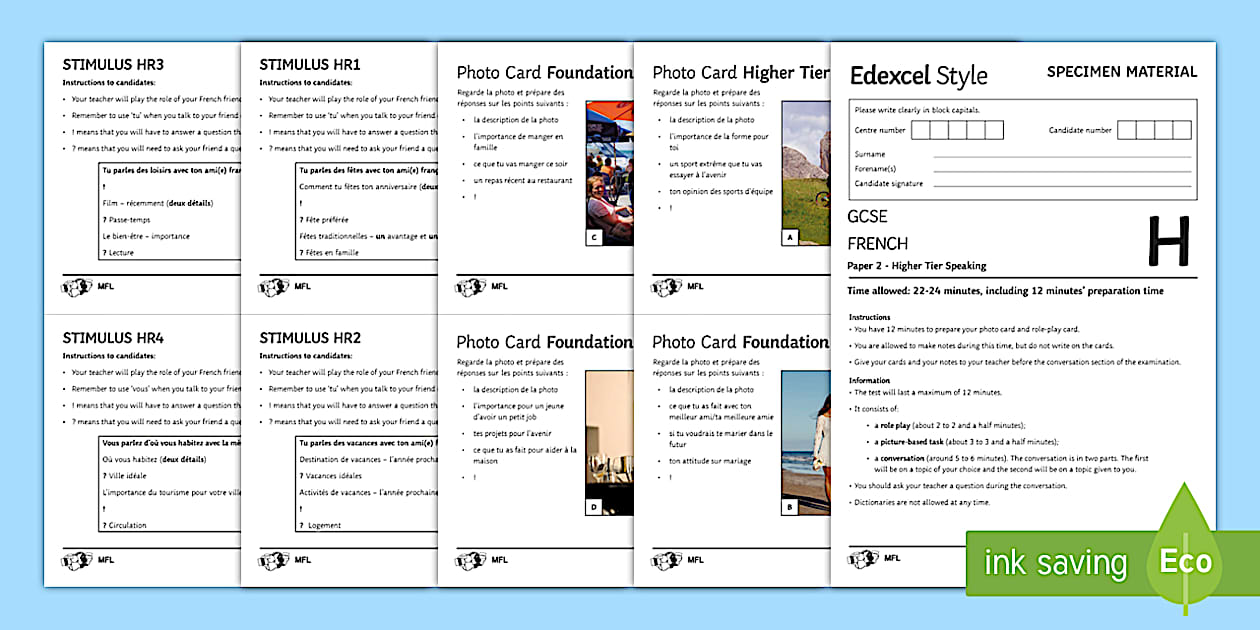 Edexcel Style French Speaking Specimen Paper 2: Higher