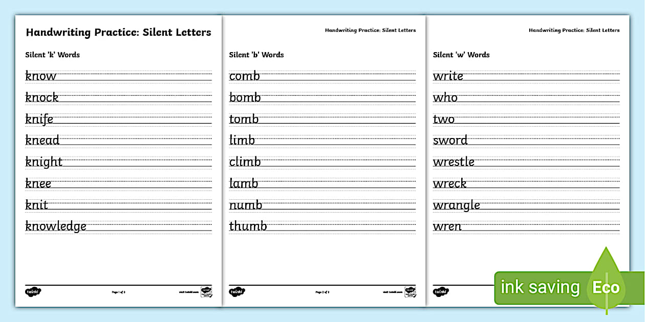 Handwriting Practice: Silent Letter Words (teacher made)