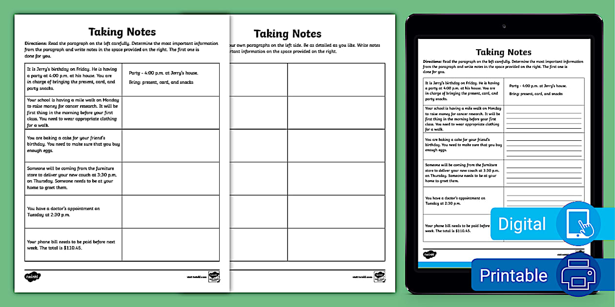 Note-taking Practice Worksheet for 3rd-5th Grade - Twinkl