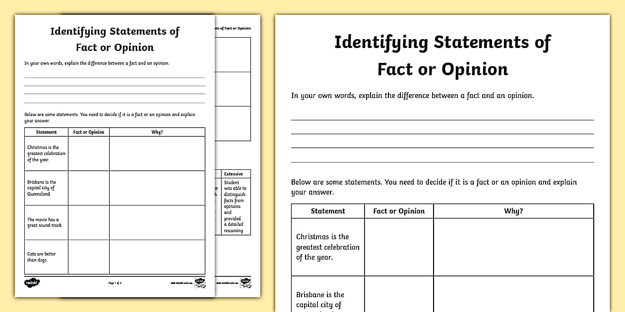 Identifying Statements of Fact or Opinion Assessment Sheet