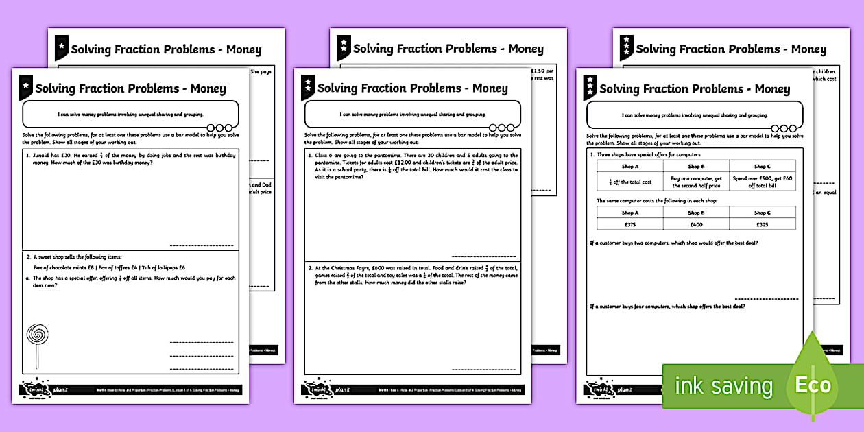 Solving Fraction Problems Money Differentiated Worksheet / Worksheets