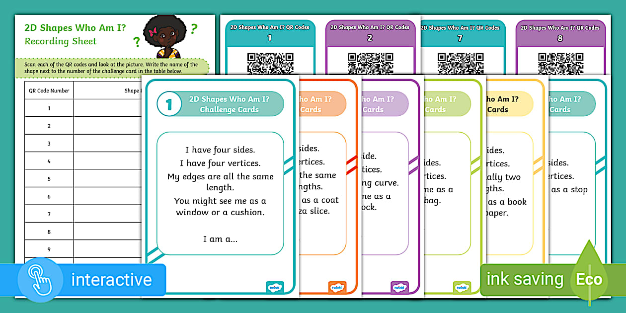 2D Shapes Who Am I? Challenge Cards with QR Codes - Twinkl