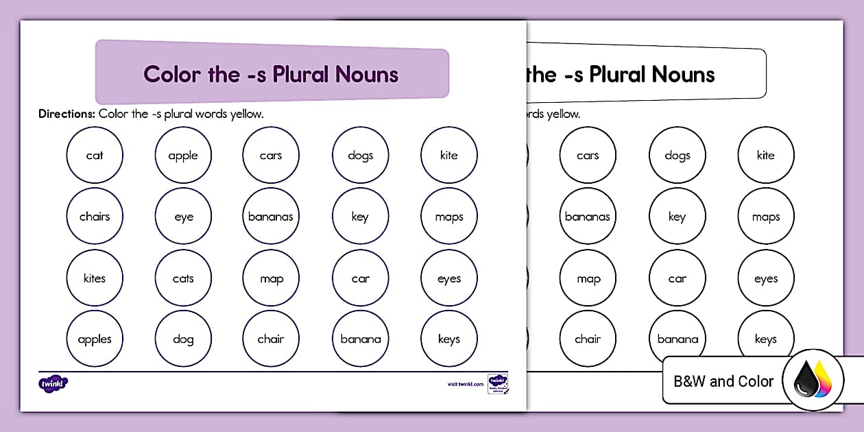 Kindergarten Color the -s Plural Nouns Worksheet - Twinkl