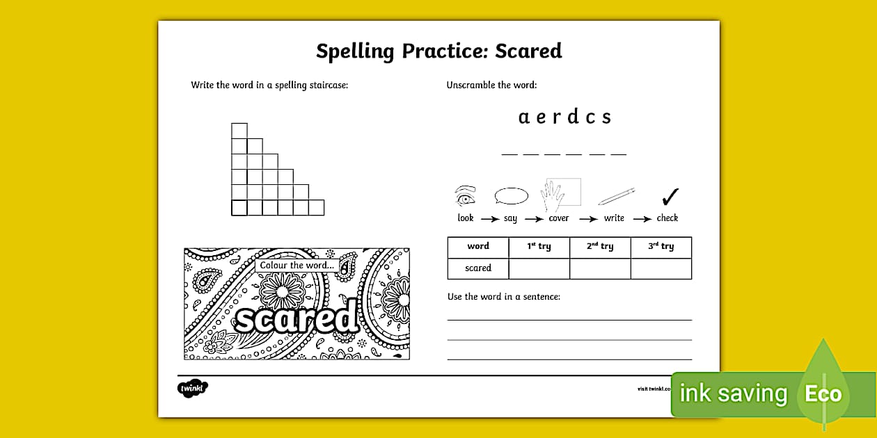 Scared Spelling Practice Worksheet (teacher made) - Twinkl