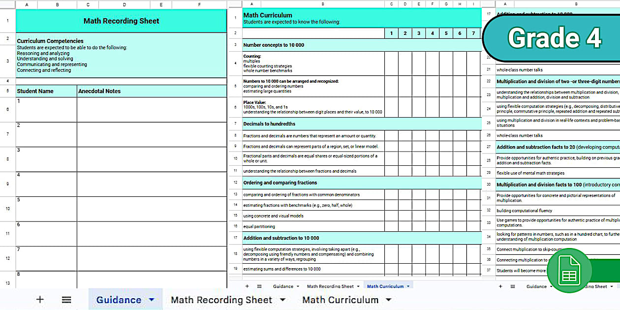 British Columbia Grade 4 Math Editable Recording Sheet