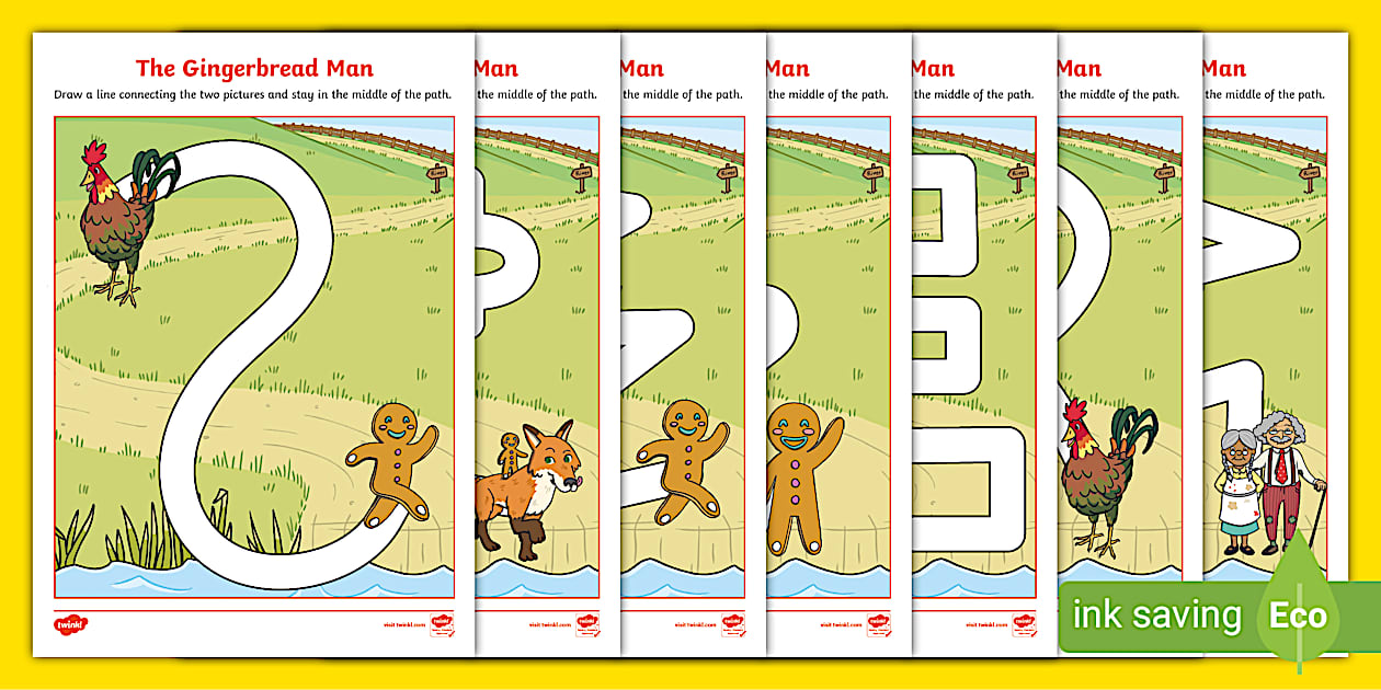 The Gingerbread Man Pencil Control Path Worksheets - Twinkl