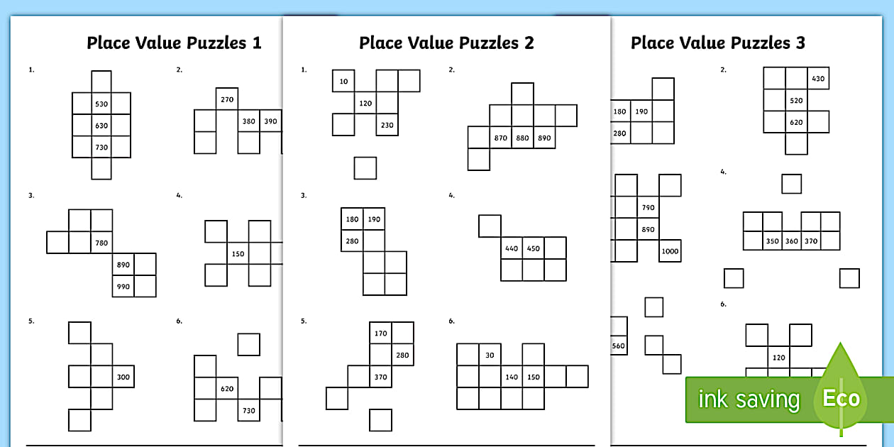 1000 Square Multiples of 10 Place Value Missing Numbers Worksheets
