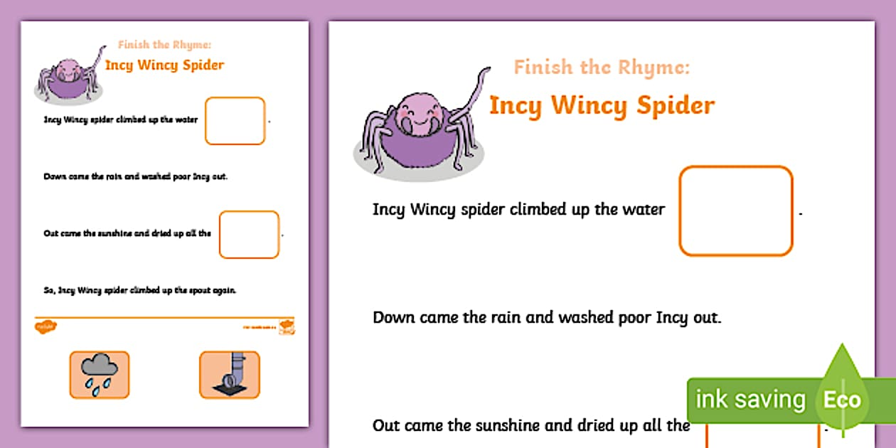 TAS Finish the Rhyme: Incy Wincy Spider Worksheet - Twinkl