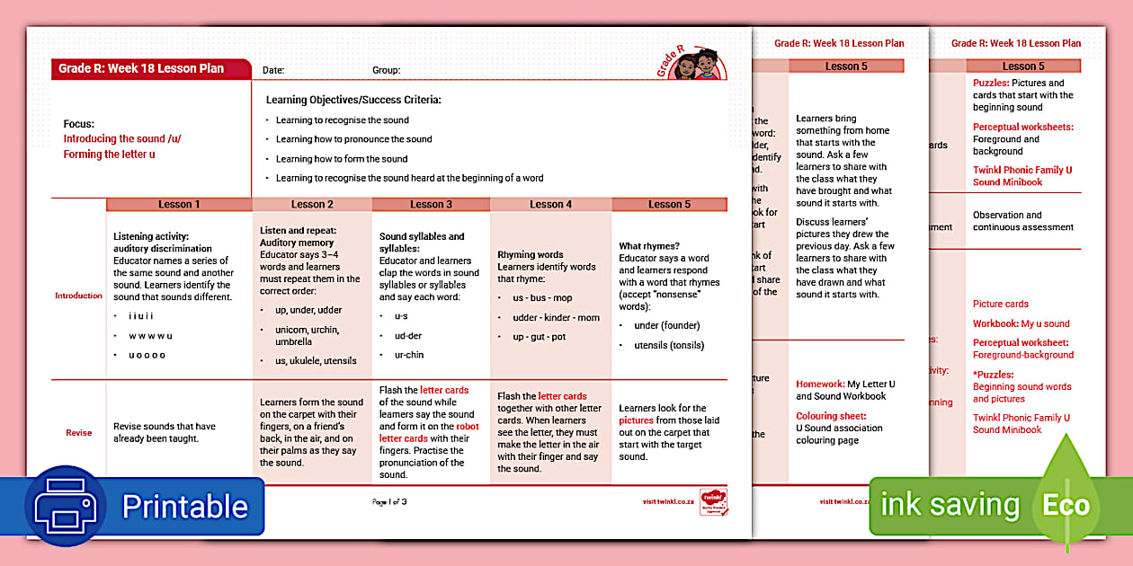 Gr. R Phonics: U Lesson Plan Week 18 (teacher made) - Twinkl