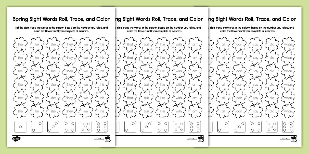 Spring Sight Words Roll, Trace, and Color Worksheet - Twinkl