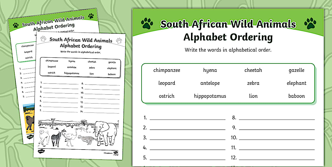 South African Wild Animals Alphabet Ordering Worksheet