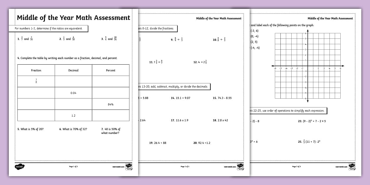Sixth Grade Middle of the Year Math Assessment - Twinkl