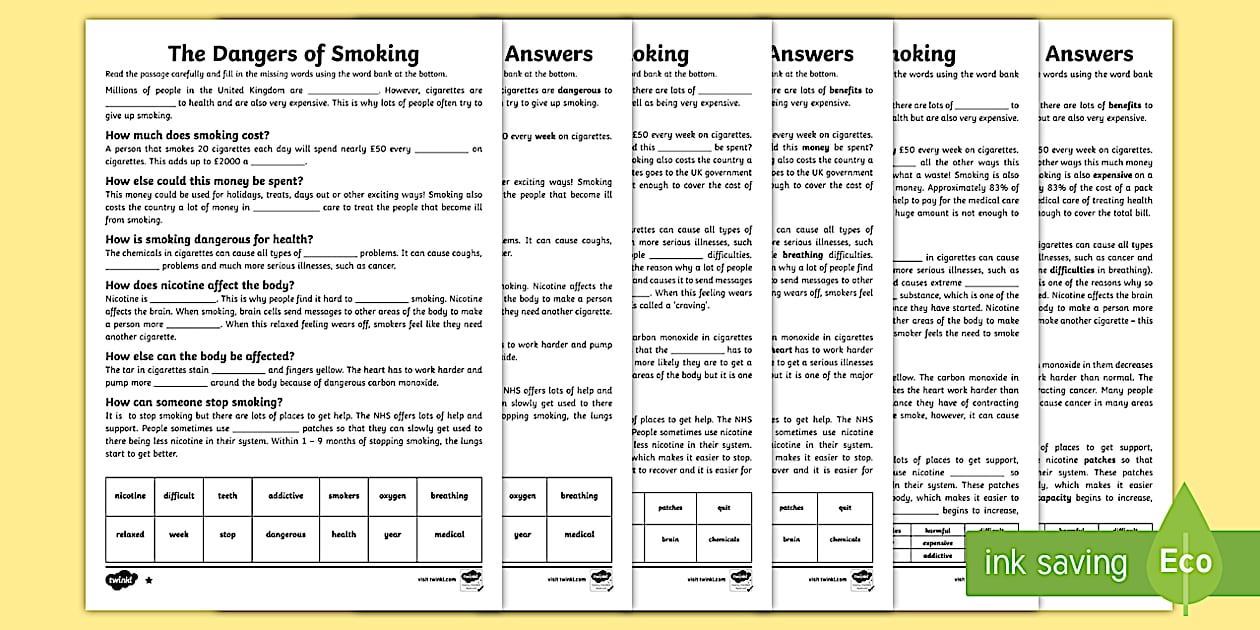 Lower Ability The Dangers of Smoking Cloze Passage Differentiated Worksheet
