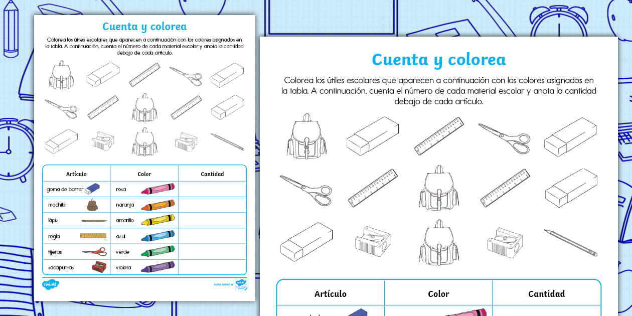 Hoja de actividad: cuenta y colorea (vuelta al cole) -Twinkl