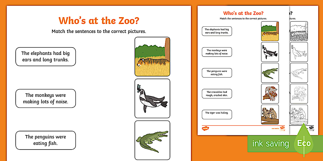 Black and White Who's at the Zoo? Sentence to Picture Matching Worksheet