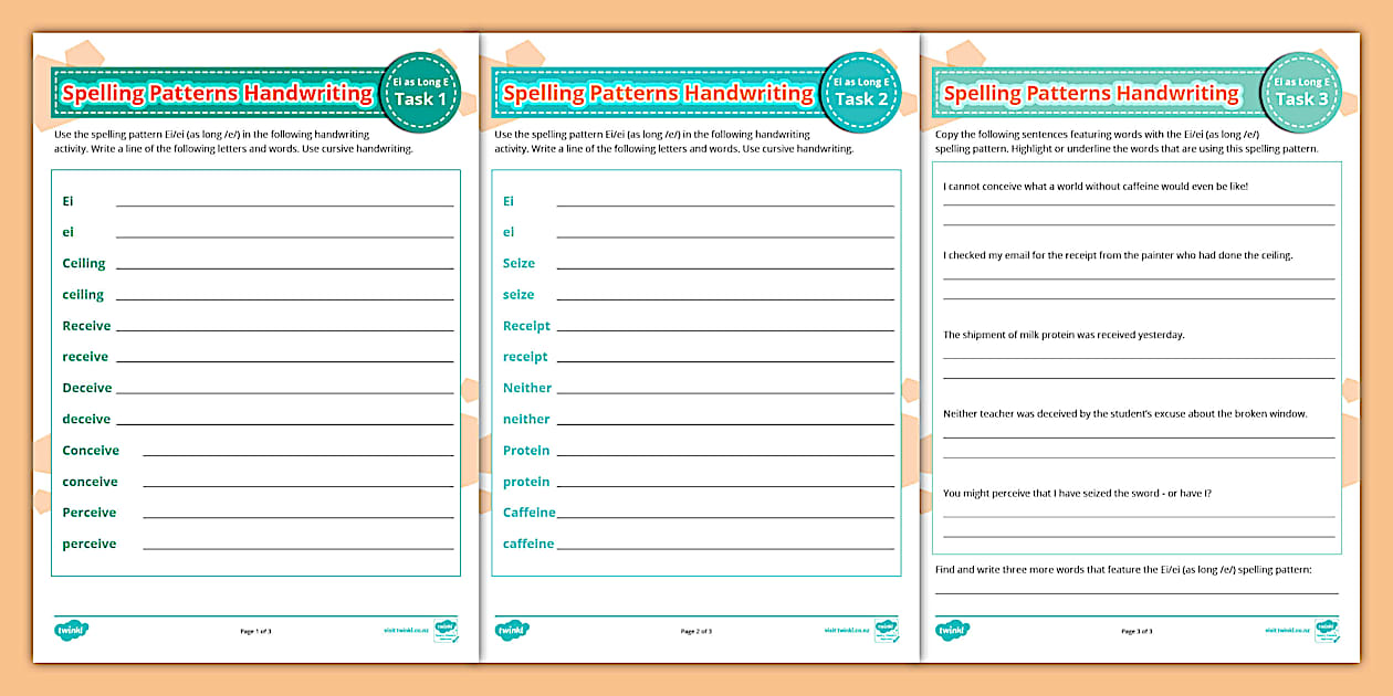 Ei/ei (as long e) Spelling Patterns Handwriting Activity