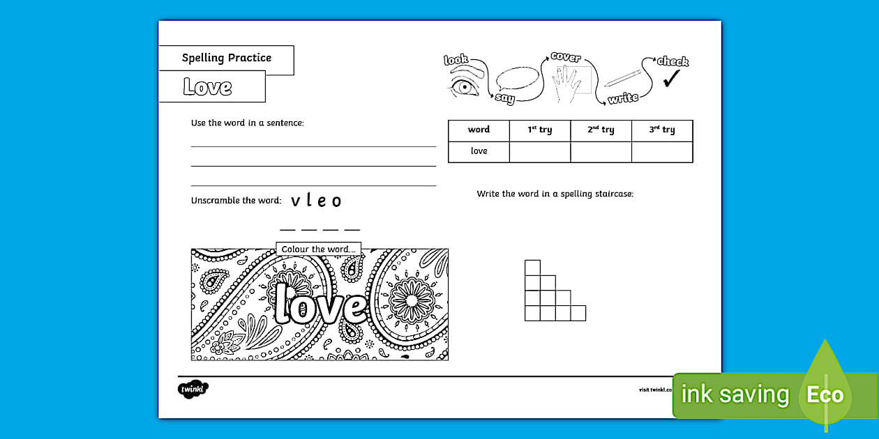 Love Spelling Practice Worksheet (teacher made) - Twinkl