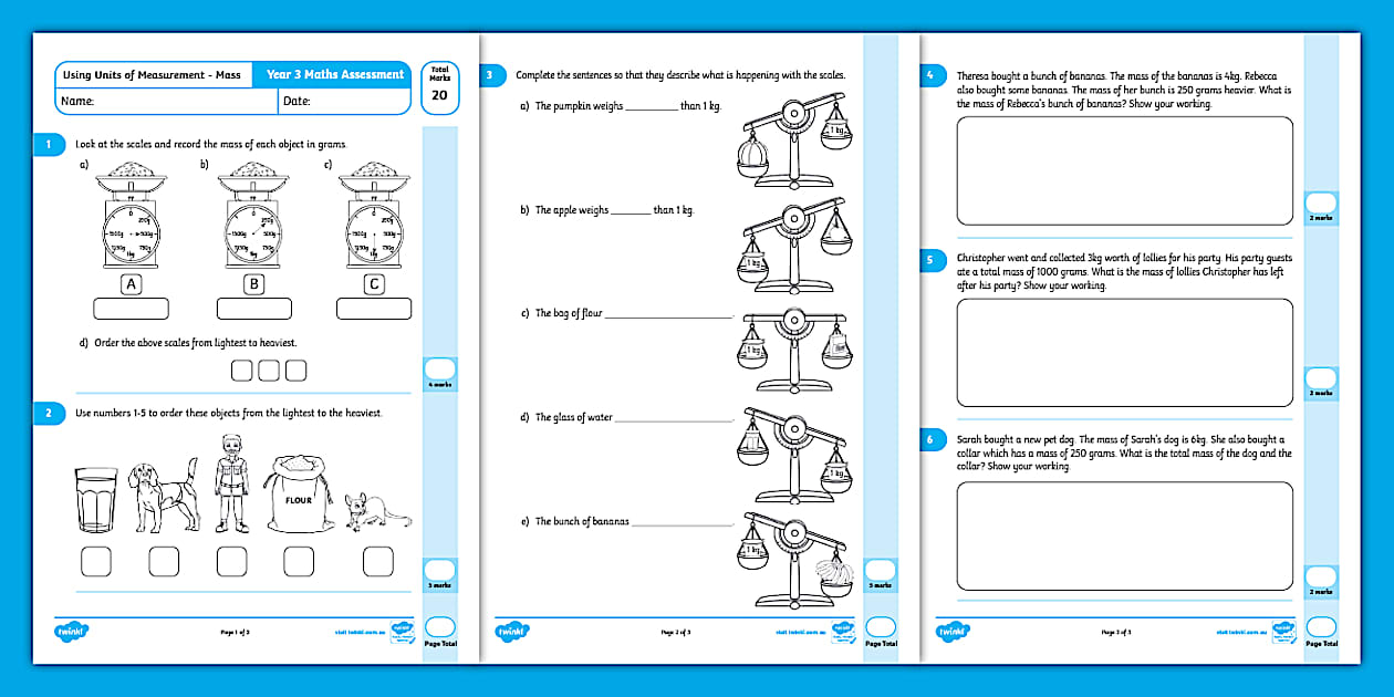 Year 3 Measurement Mass Assessment (teacher made) - Twinkl