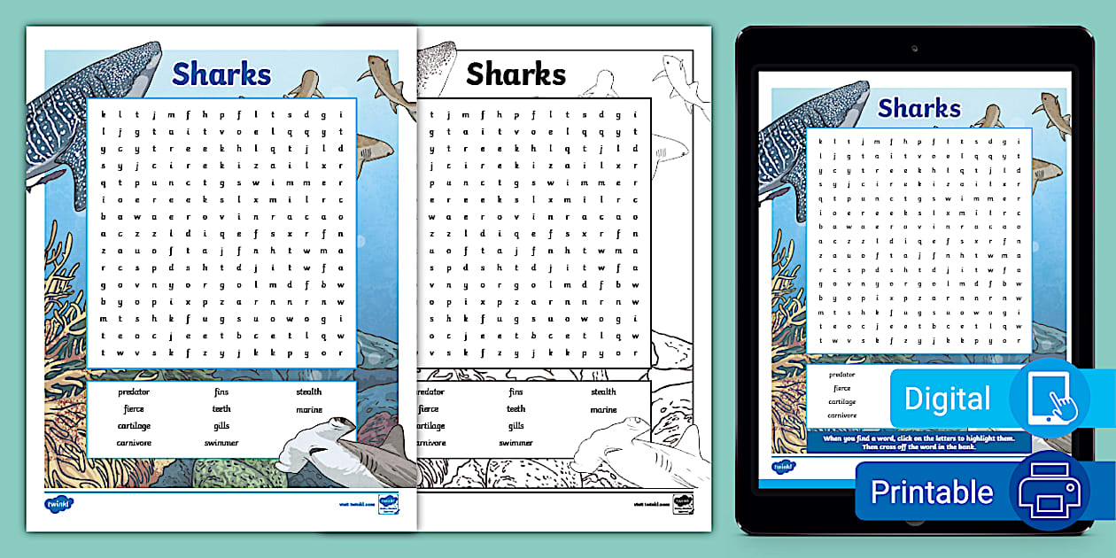 Shark Word Search Printable for 3rd-5th Grade | Twinkl USA