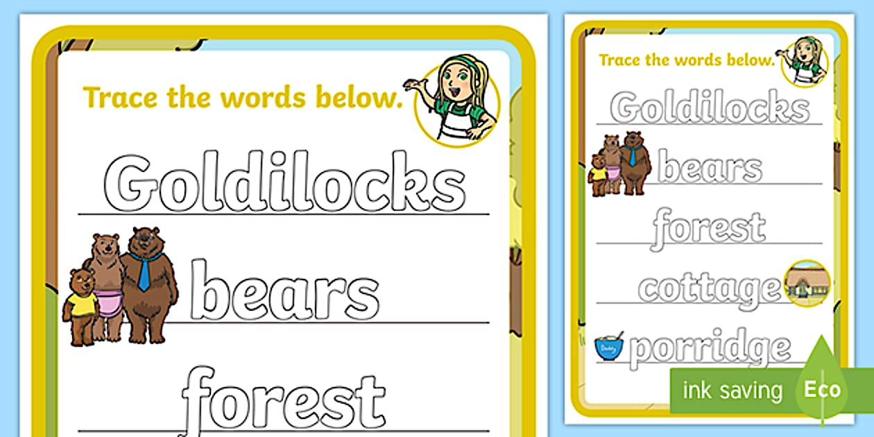 Editable Goldilocks and the Three Bears Topic Word Tracing Sheet