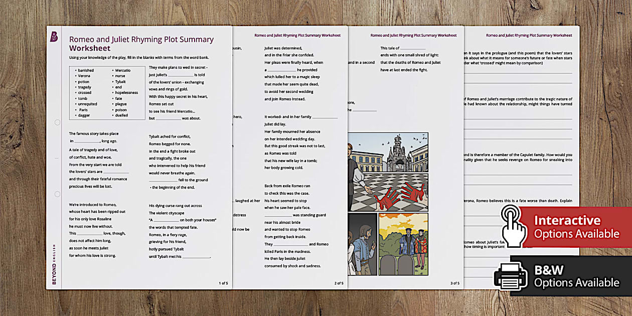 Romeo and Juliet Rhyming Plot Summary Worksheet - Twinkl
