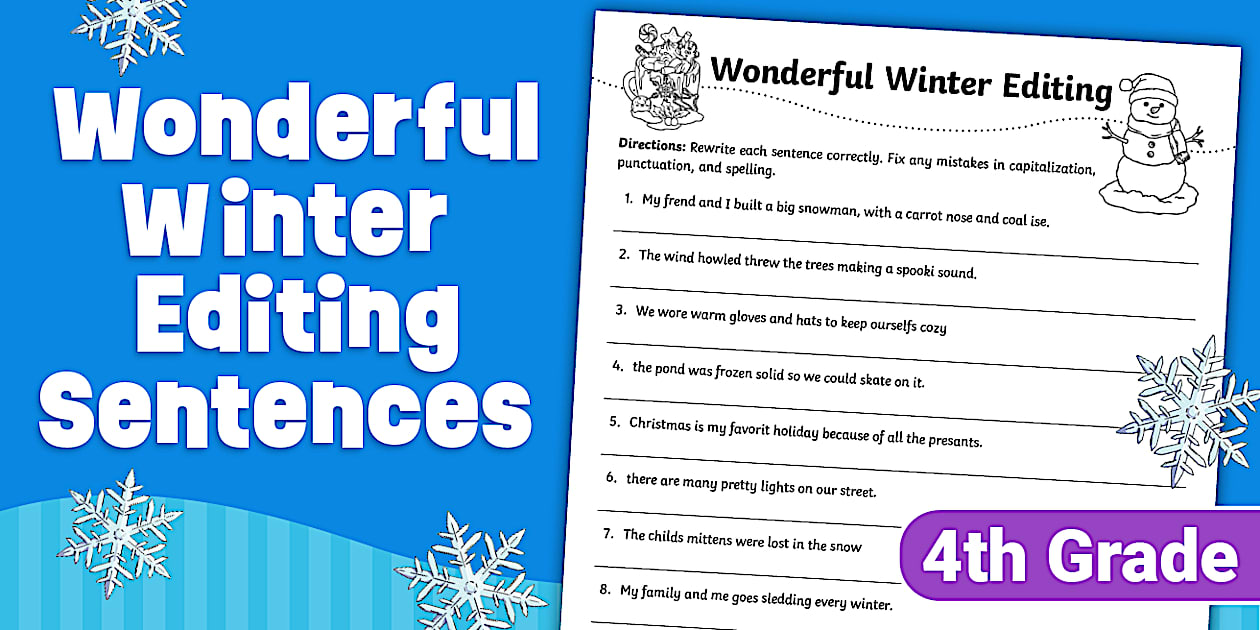 Fourth Grade Wonderful Winter Editing Sentences Worksheet