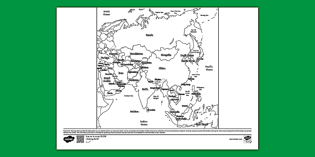 Map of Asian Countries Colouring Sheet