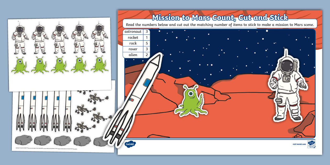 👉 Mission to Mars Count, Cut and Stick Worksheet - Twinkl