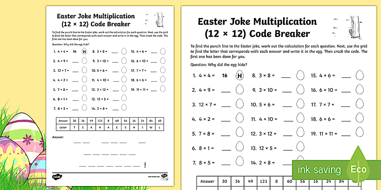 Easter Joke Multiplication (Up to 12 x 12) Code Breaker Worksheet ...