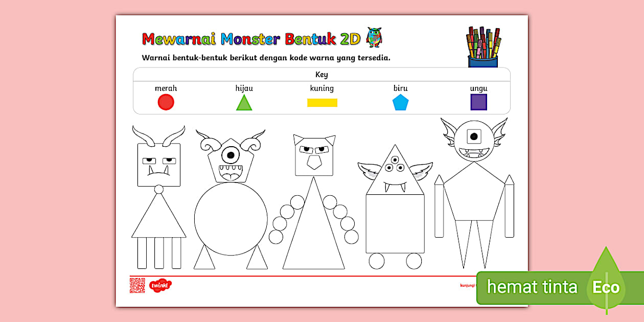 Worksheet Mewarnai Monster Bentuk 2D (teacher made) - Twinkl