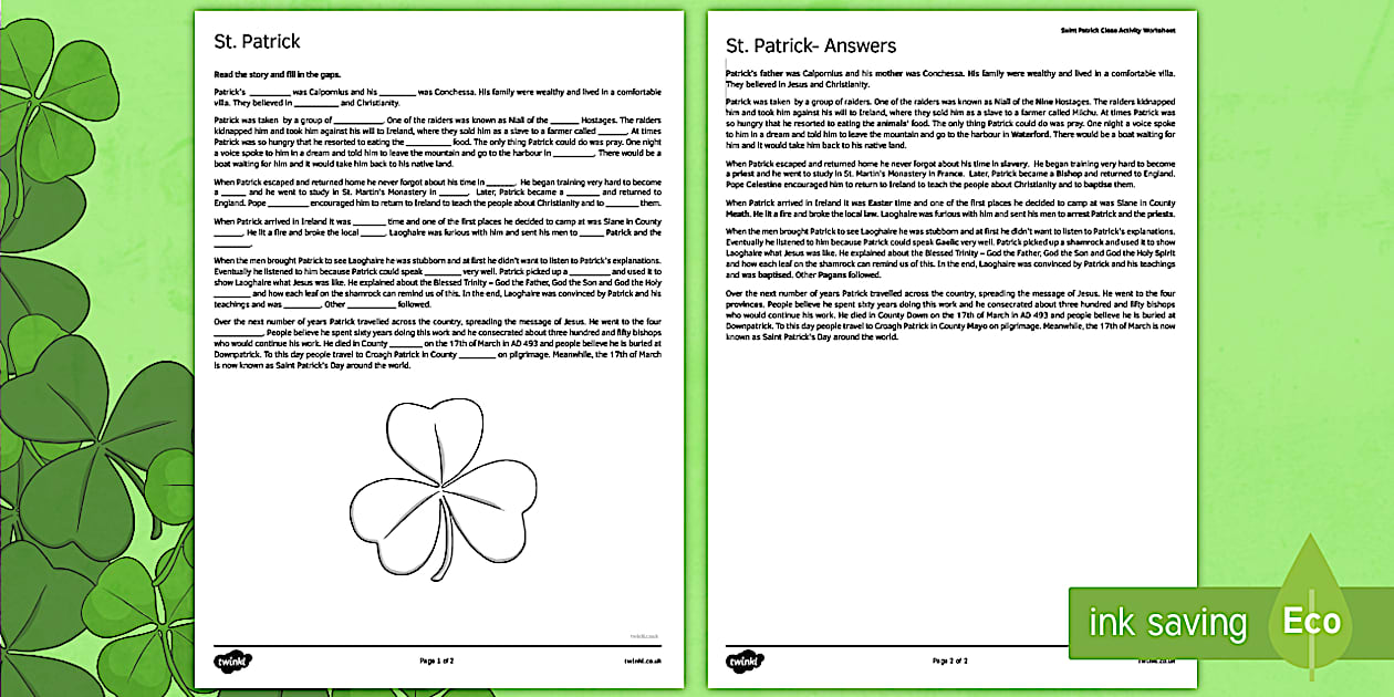 Saint Patrick Cloze Activity Fifth and Sixth Class - Twinkl
