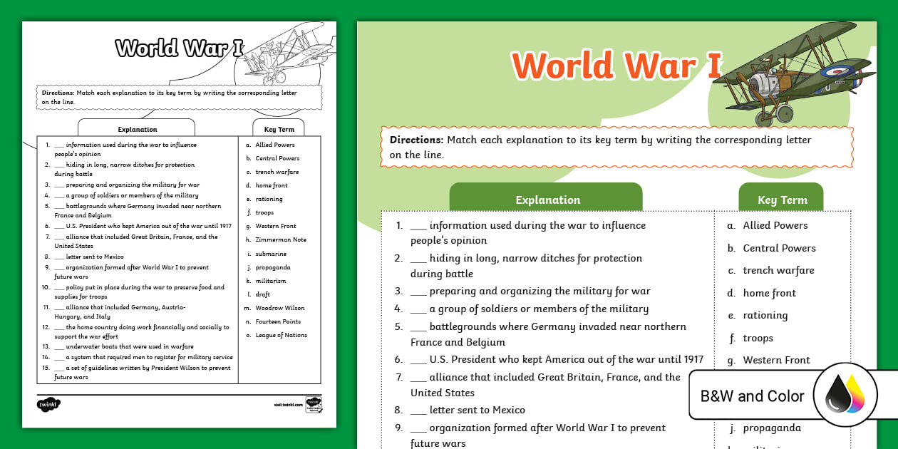World War I Matching Activity for 6th-8th Grade - Twinkl