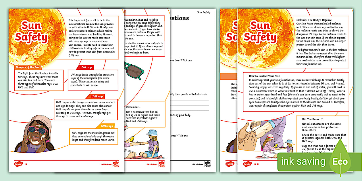 Sun Safety Reading Comprehension Activity - Twinkl