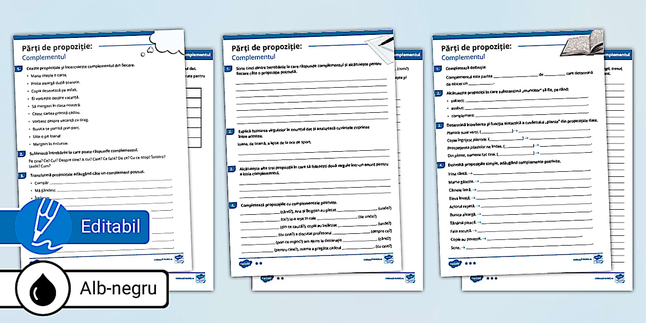 Părți de propoziție Complementul Fișe de lucru diferențiate