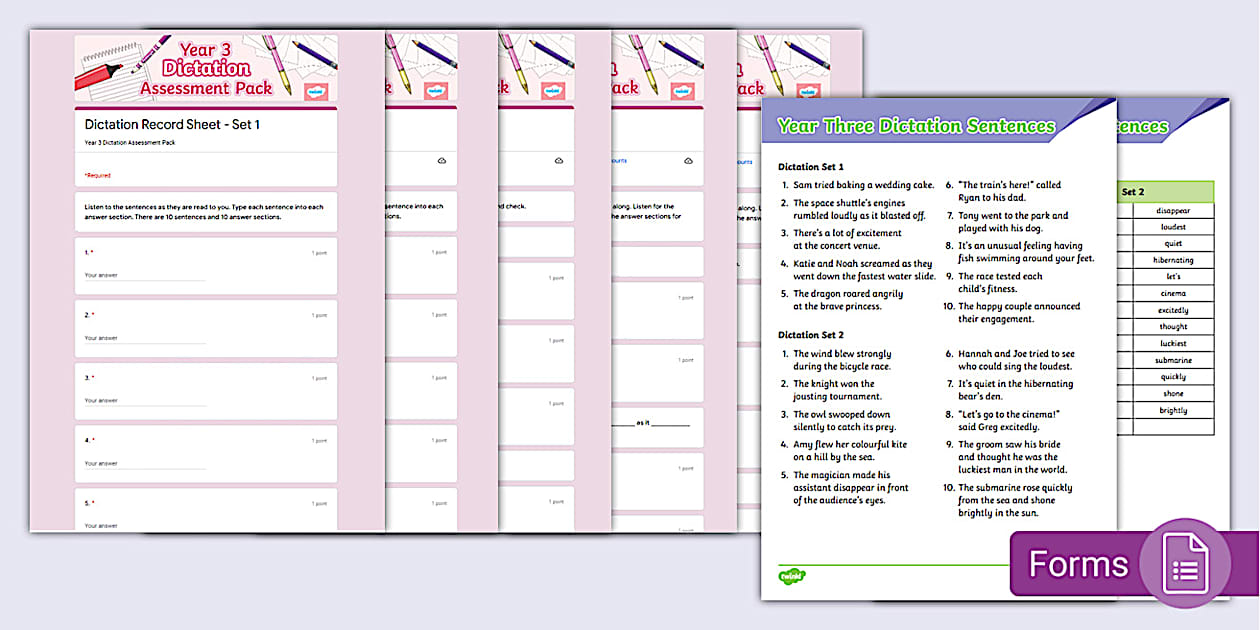 Year Three Dictation Google Forms Assessment Pack - Twinkl