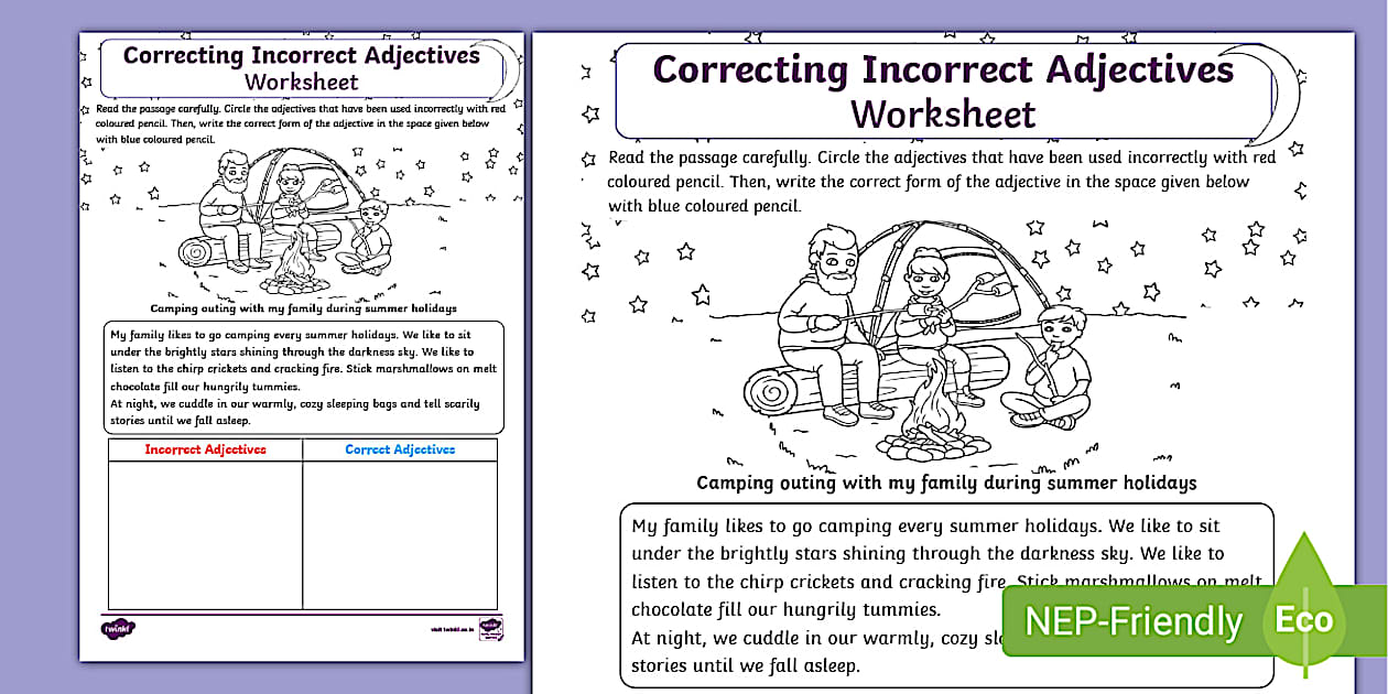 Correcting Incorrect Adjectives Worksheet (teacher made)