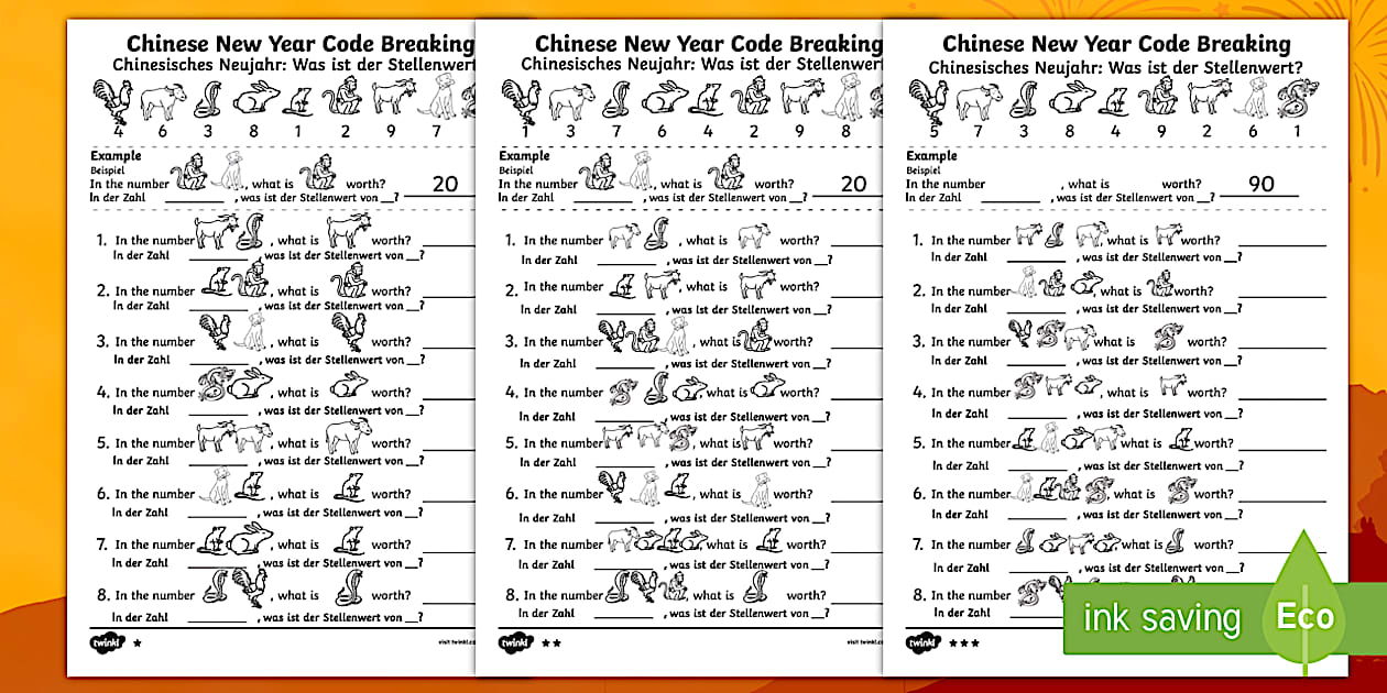 Chinese New Year Crack the Code Worksheet / Worksheet English/German