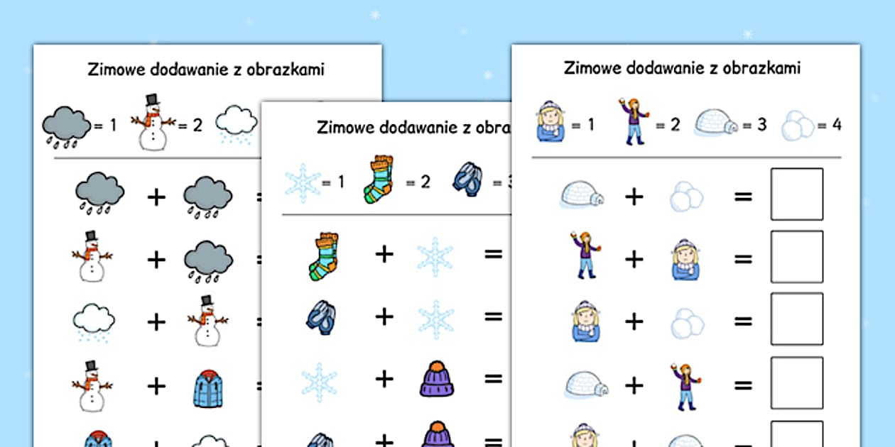 Higher Ability Winter Themed Addition with Pictures Worksheets Polish