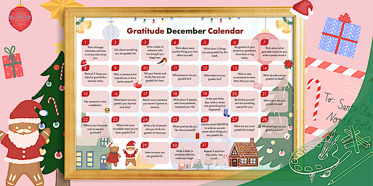 Gratitude December Calendar Christmas-Themed Poster - Twinkl