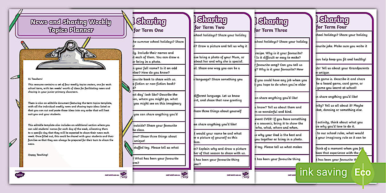 News and Sharing - Weekly Topics Planner - Twinkl